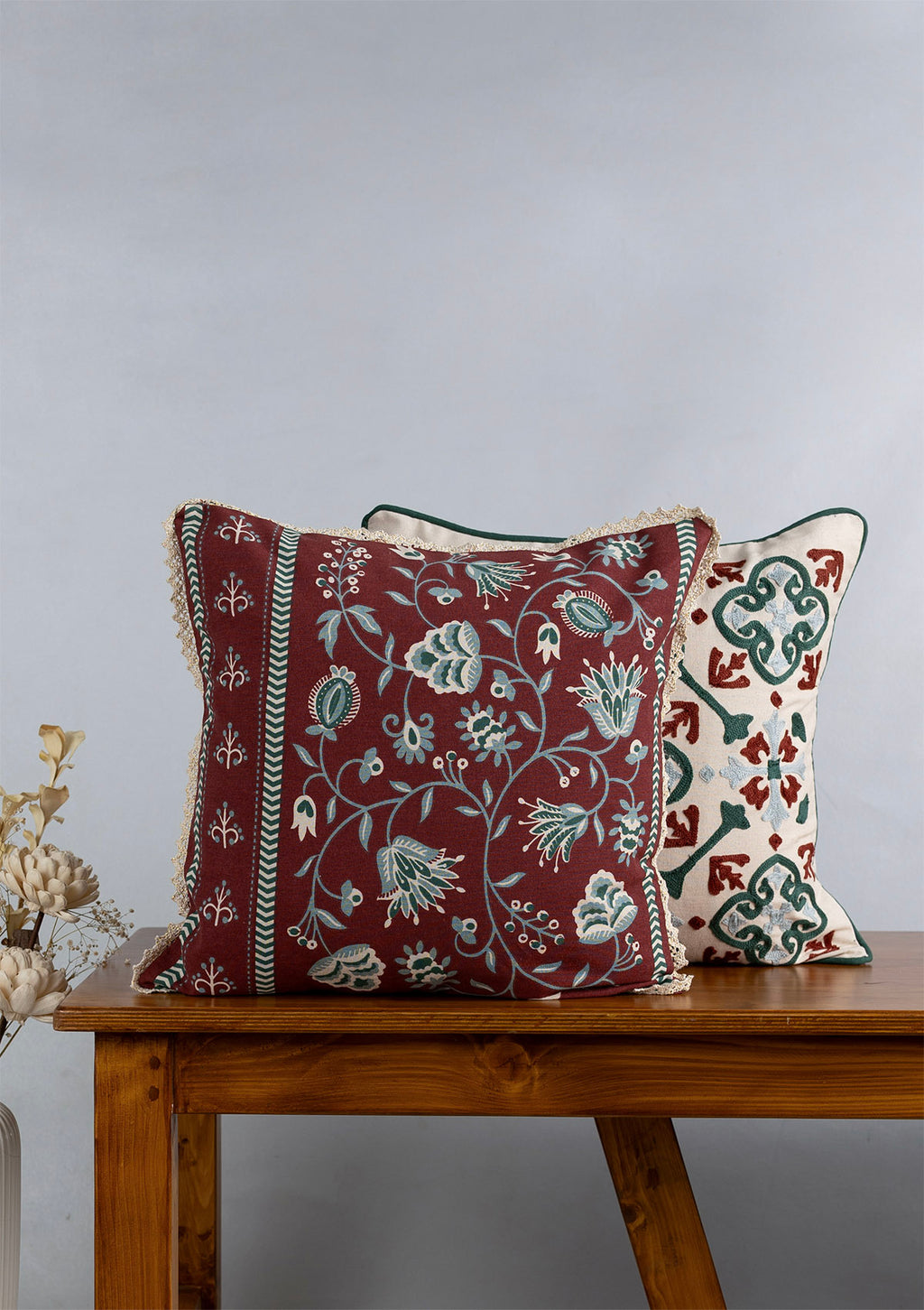 Peridot Embroidered & Garnet Printed 100% Cotton Cushion Covers for So