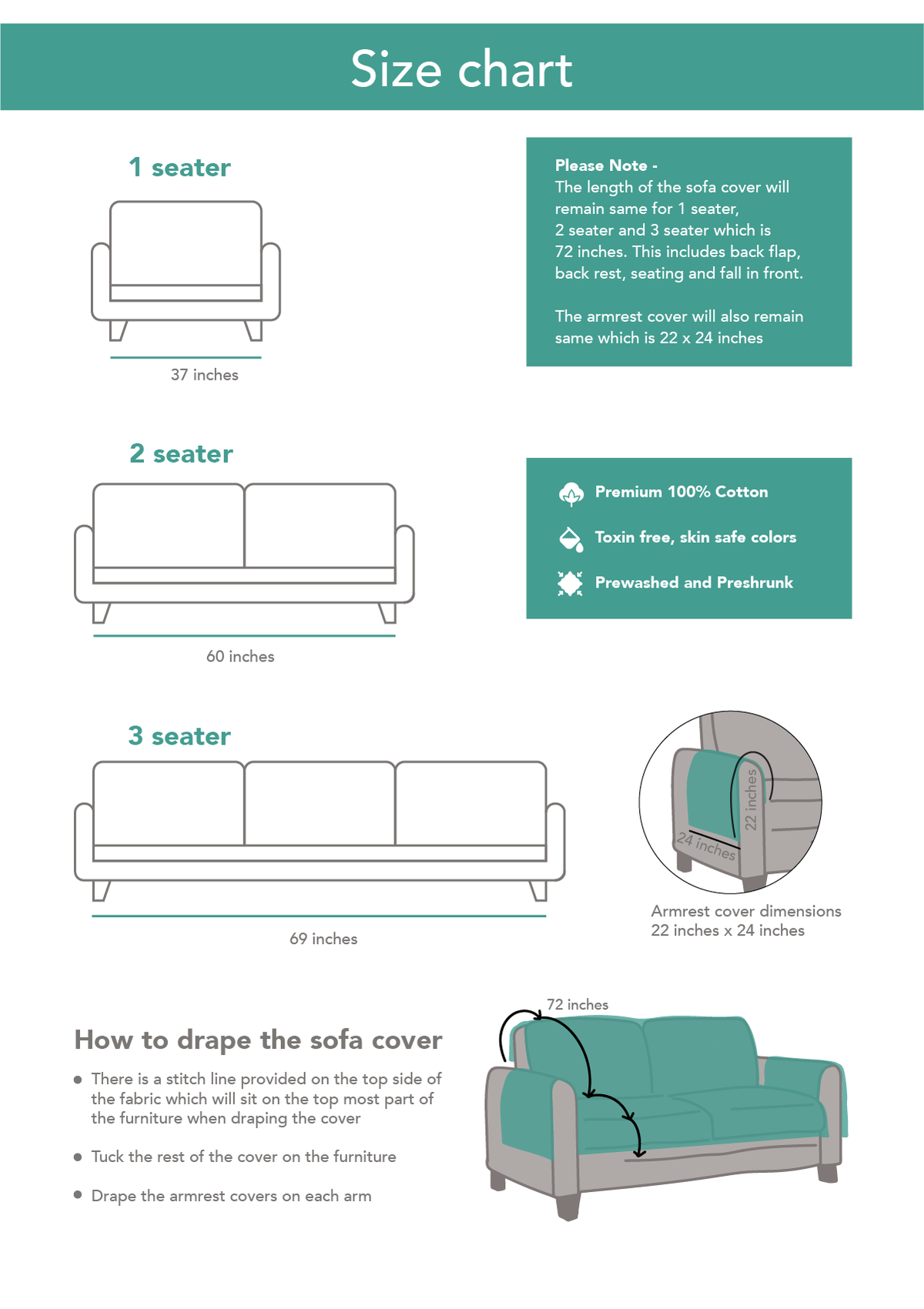 Solid Royal blue 100% Cotton plain Sofa cover